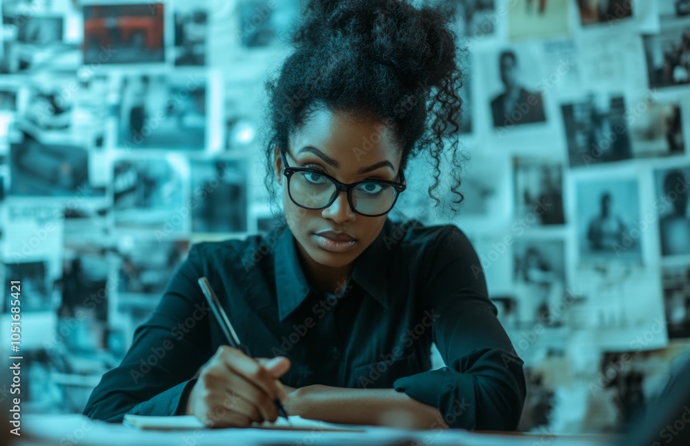 Black female detective working in office, taking notes with crime scene ...