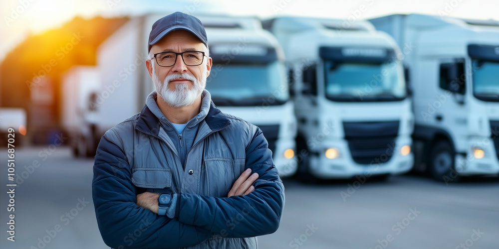 A senior driver, with decades of experience, stands before his truck at ...
