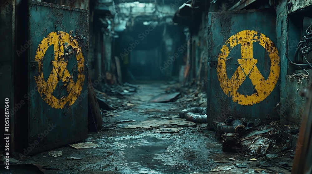 Dark industrial alley with biohazard symbols spraypainted on doors ...