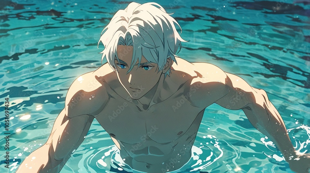 The anime illustration features a boy with striking white hair ...