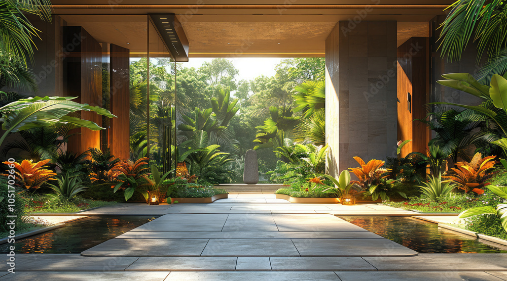 An ultra-modern tropical resort admin entrance, wide pathway leading to ...