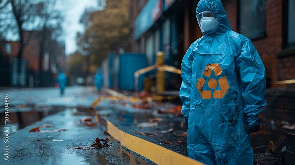 ภาพประกอบสต็อก Quarantined building with biohazard symbols and ...