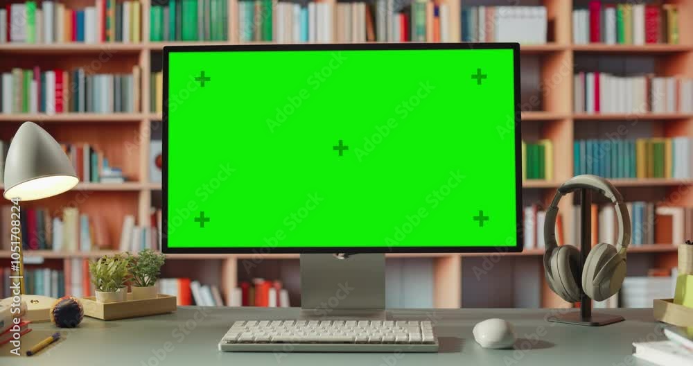 Desktop Computer With Green Screen Sits on Desk in Home Office, Online ...