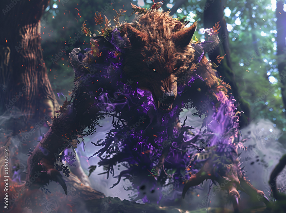 A brown werewolf with purple smoke coming out of its mouth, in the ...