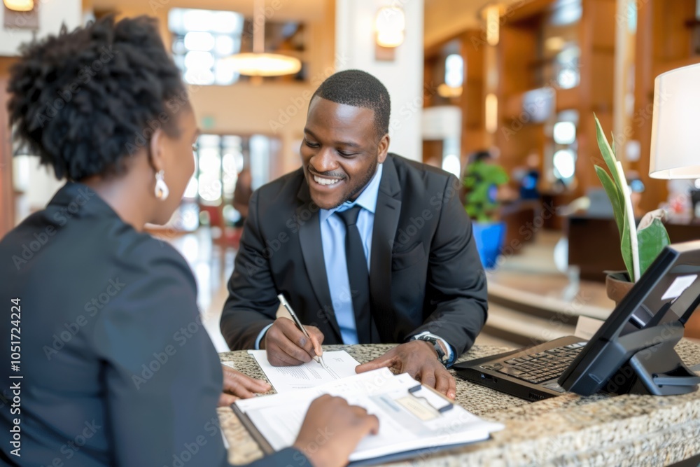 Two business professionals signing documents at a modern office ...