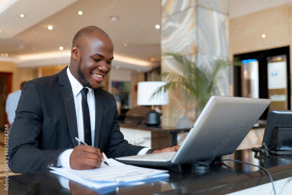 Two business professionals signing documents at a modern office ...