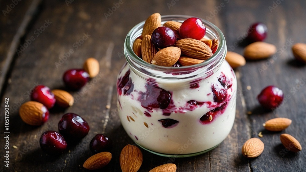 A vibrant and colorful yogurt jar, overflowing with plump cranberries ...