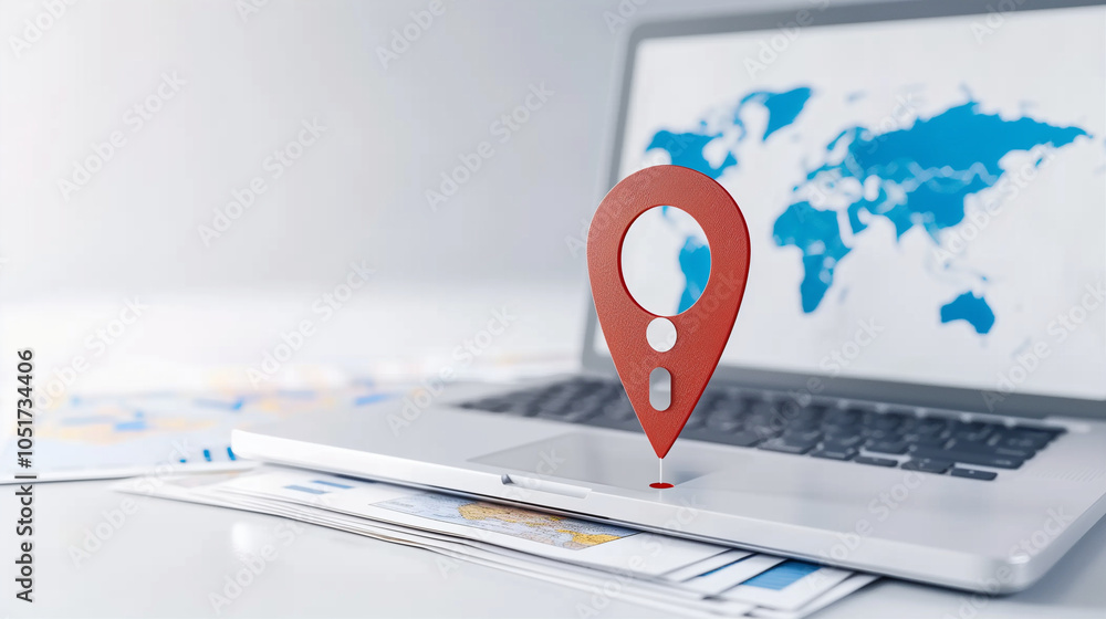 Laptop with location pin on map in modern office setting Stock Photo ...