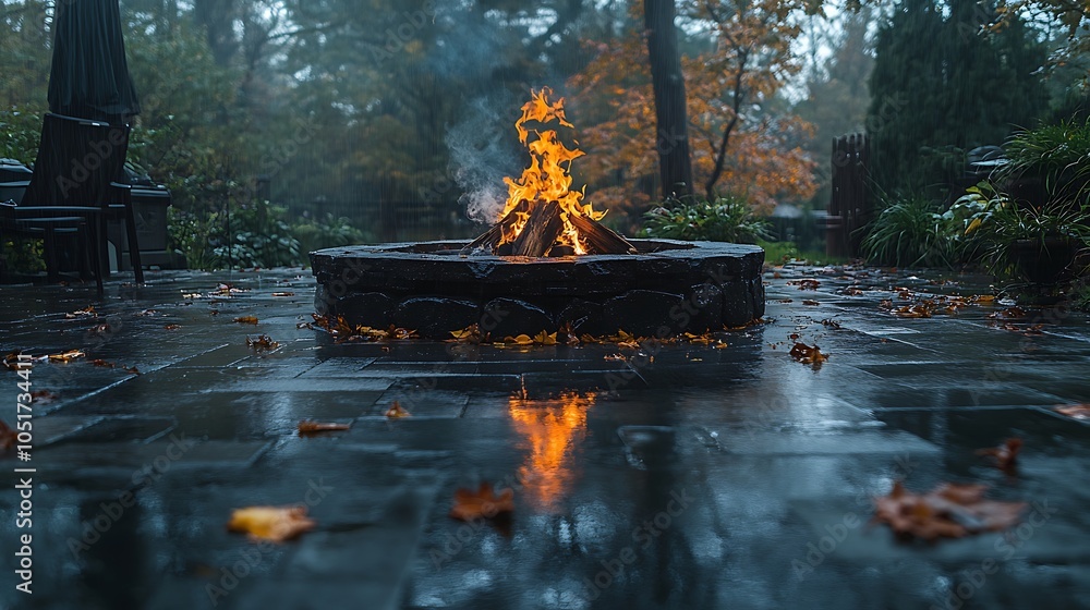 Firepit during a rainy evening, flames crackling amidst the light rain ...