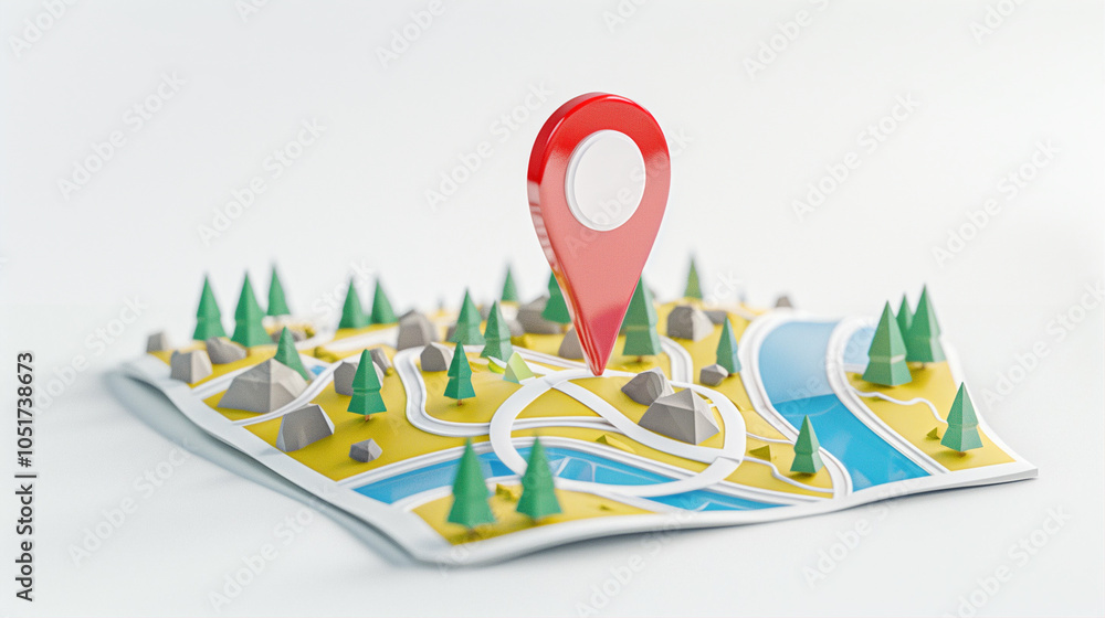 Map pin location on detailed map with iconic symbols of nature and ...