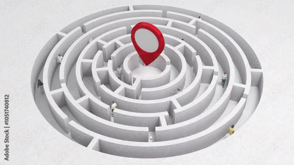 Navigation symbol and maze concept with people walking inside. Round ...