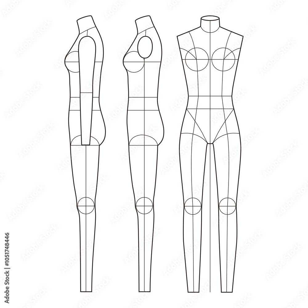 Poster Three-view line drawing of a female fashion figure with ...