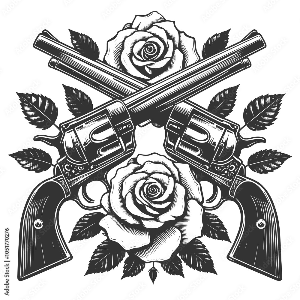 crossed revolvers adorned with roses. Tattoo design blending classic ...