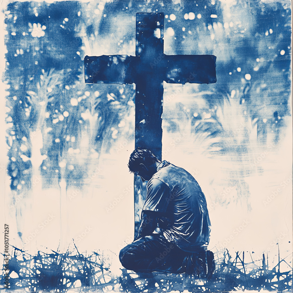 Sacred Prayer: Man Kneeling at the Cross in Blue Smoke Art. Stock ...