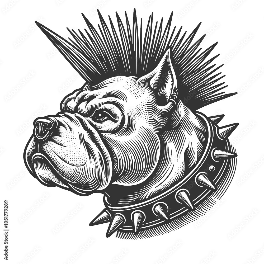 punk rock dog in a spiked collar with a mohawk, rebellious attitude ...