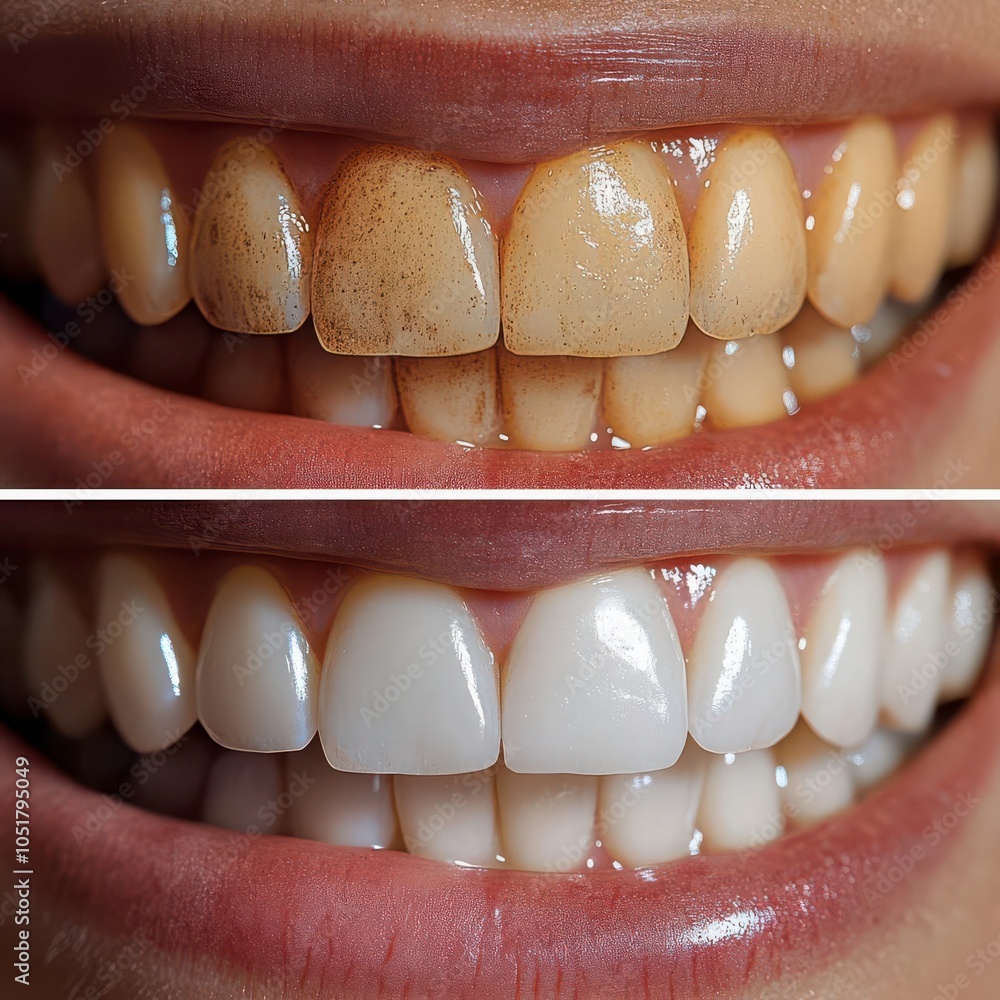 Macro shot of teeth before and after whitening treatment, visible ...