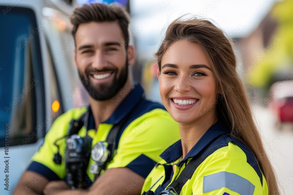Two emergency responders, a male and a female, wearing vibrant high ...