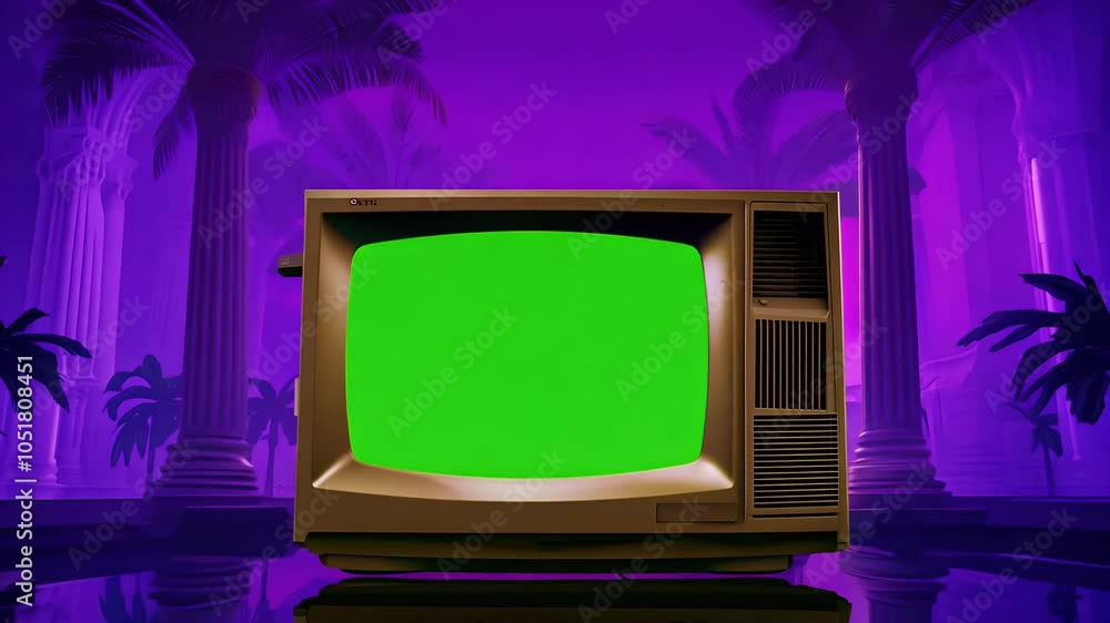 A nostalgic 4K animation featuring old CRT computer monitor displaying green screen set vibrant ...