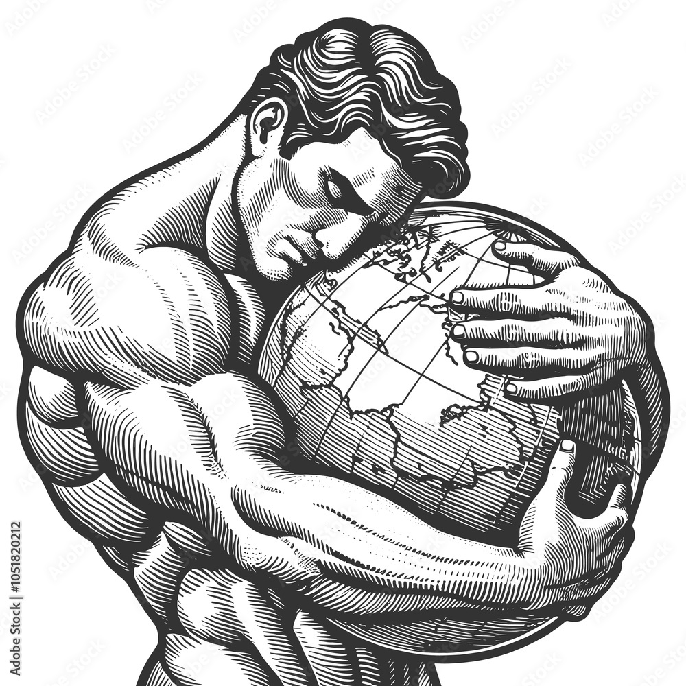 strong man hugging a globe, symbolizing care for the planet, in vintage ...