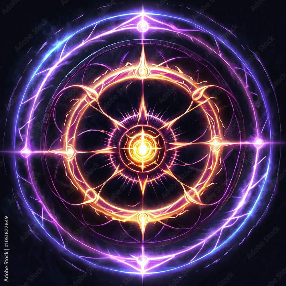 A circular symbol with a glowing, intricate design. The wheel has a ...
