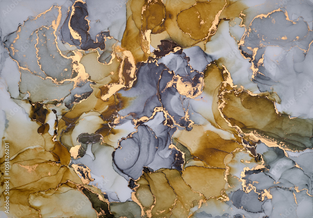 Swirls of color and veins of metallic gold form a flowing, abstract ...