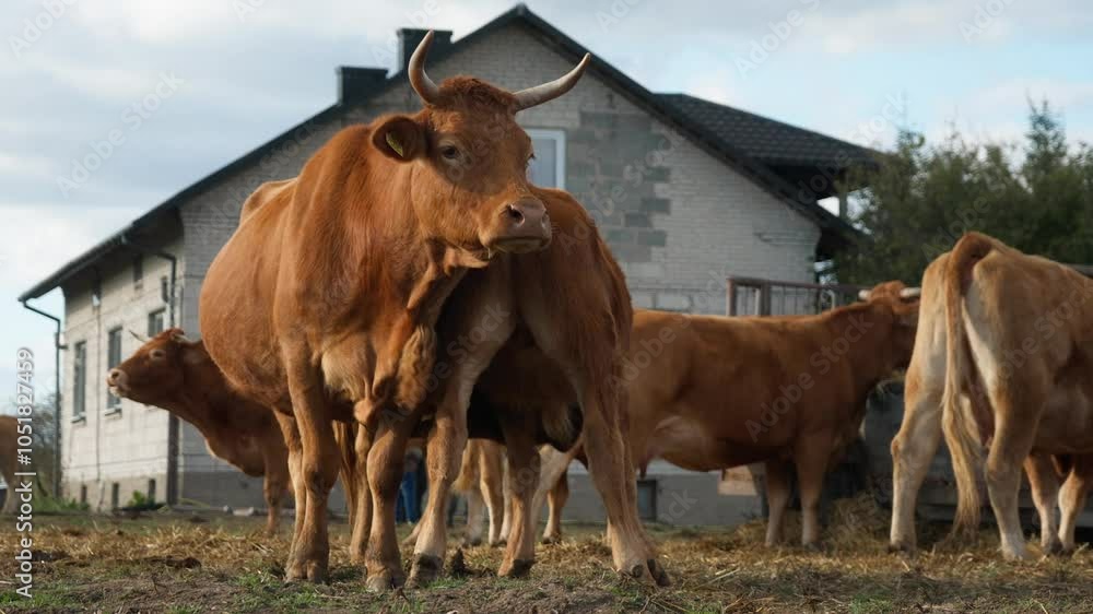 A young calf sucks milk from the udder of a mother cow in a countryside ...