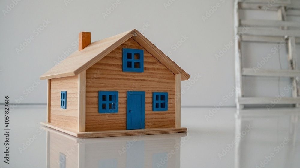 A wooden toy home figure stands proudly on a white wall, a symbol of ...