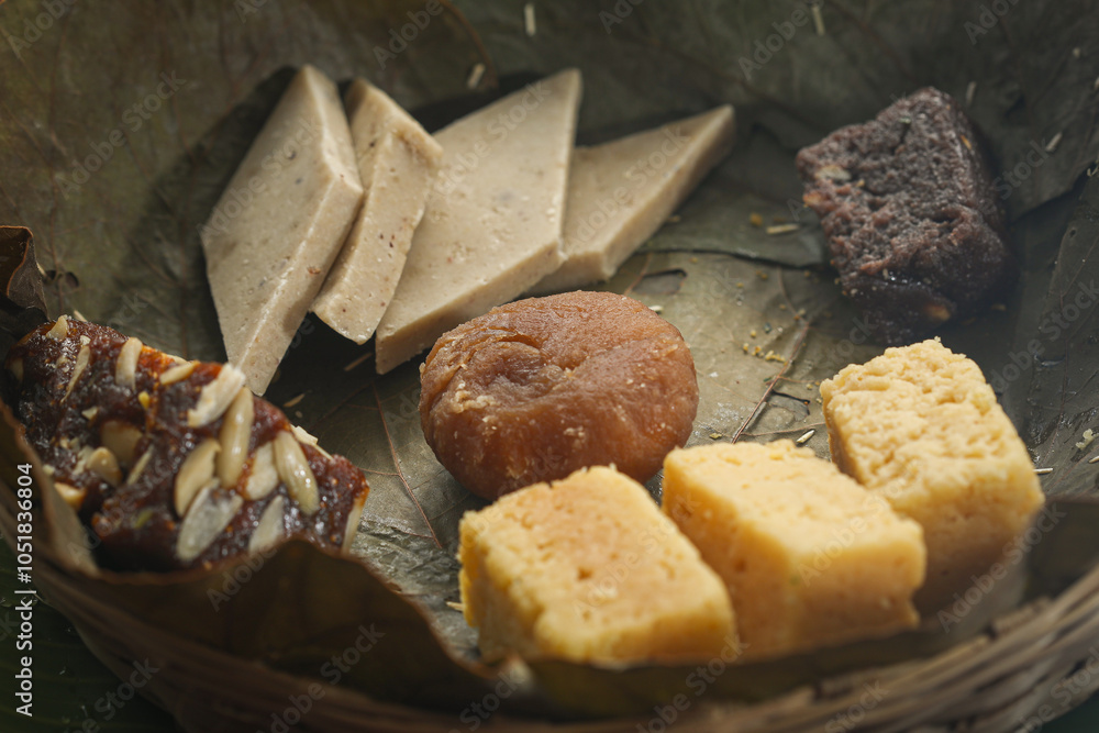 many types of indian sweets like kaj katli, halwa, badhusha and mysore ...