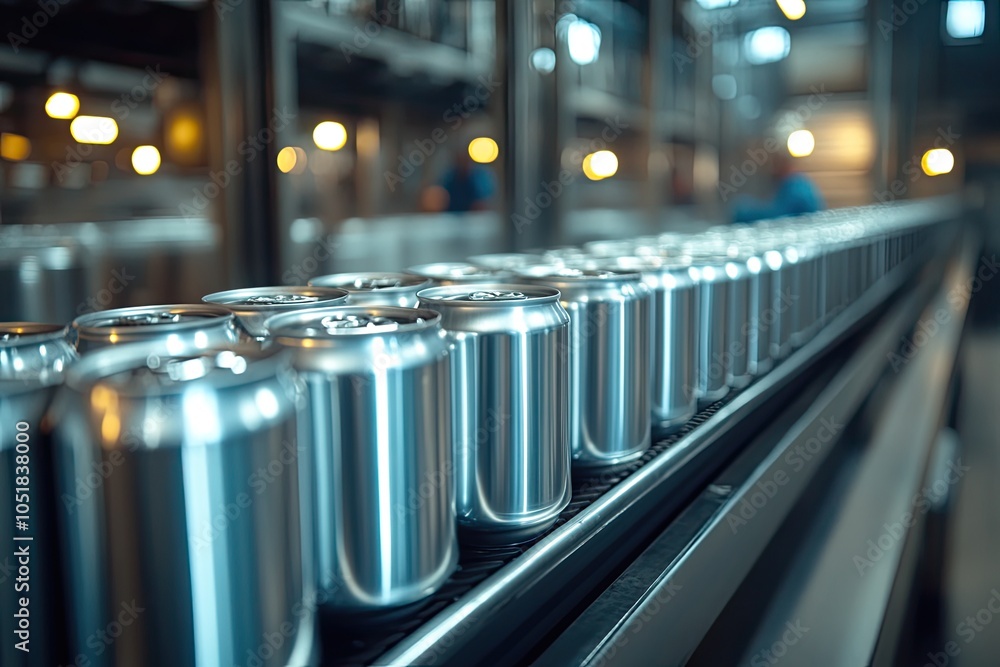 Cans move on a conveyor belt. This photo illustrates the manufacturing ...