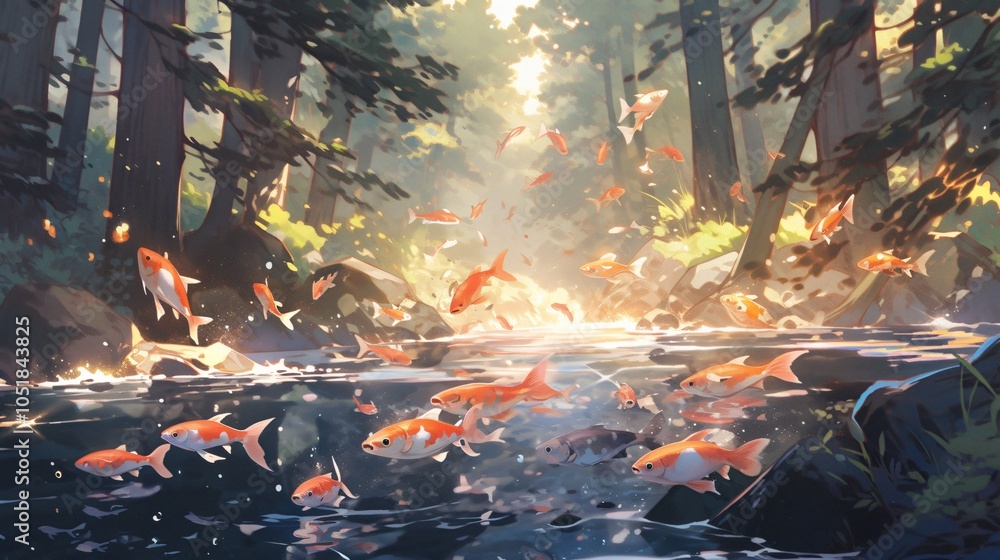 fish jumping out of the water in a swamp in the middle of the forest ...
