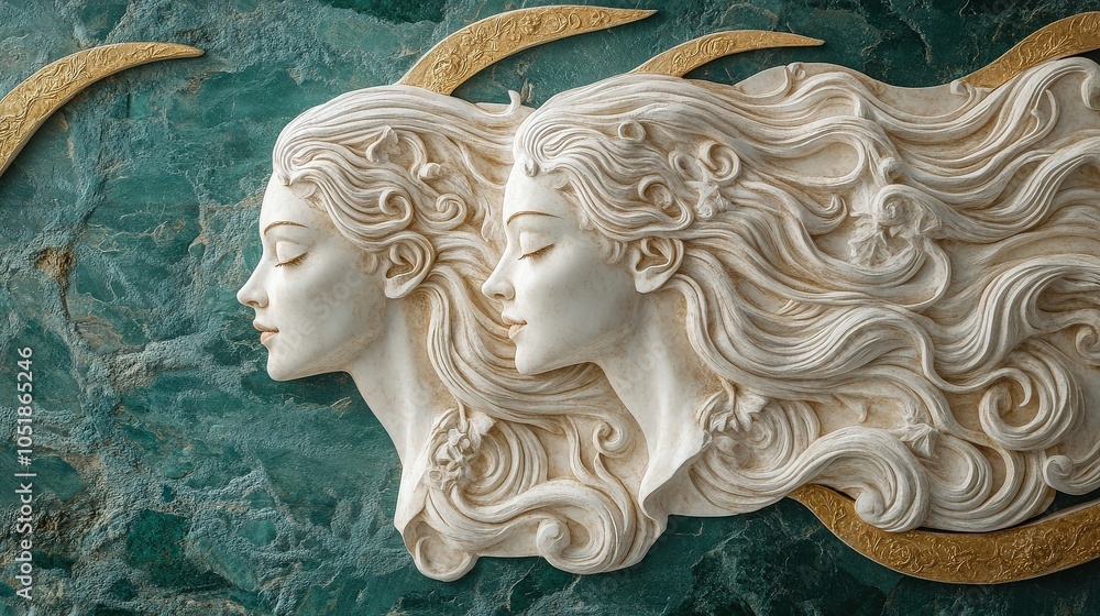 3D bas relief of twin women with long fluttering hair wrapped in ...
