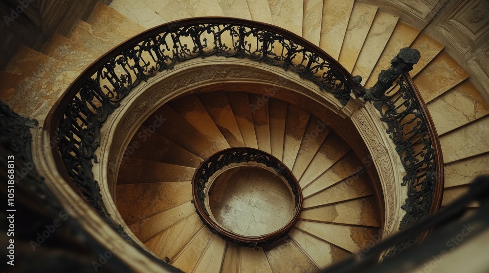 A geometric staircase design with marble and wrought iron elements ...