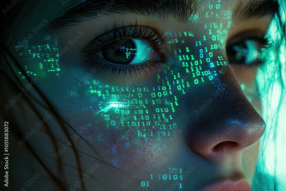 Close-up of a young woman’s face with digital code projections ...