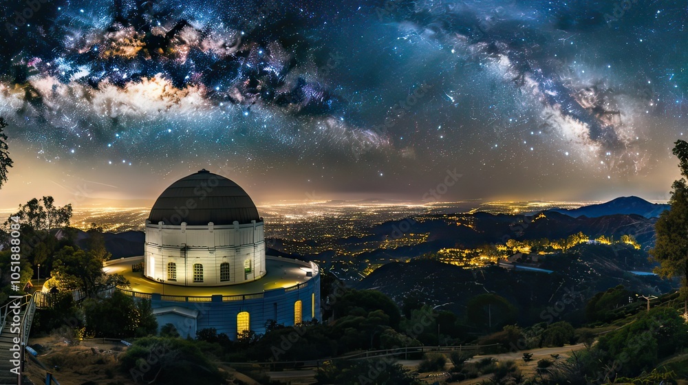 Iconic Griffith Observatory with a starry night sky and the city of Los ...