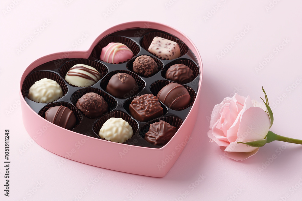 Heart-shaped pink gift box filled with a variety of chocolate bonbons ...
