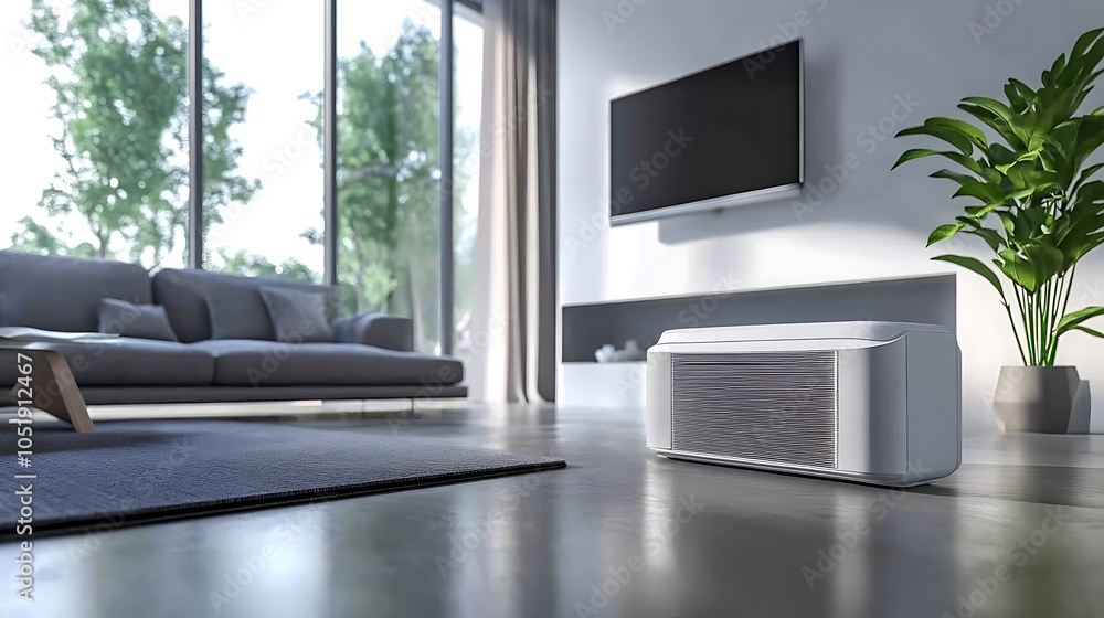 A white air conditioner unit sits on a polished floor in a modern ...