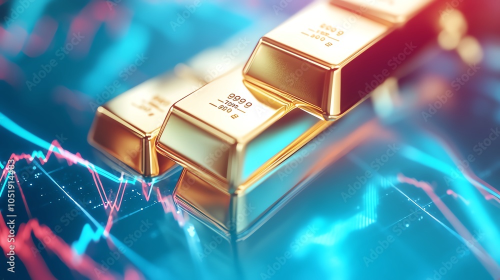Futuristic image of gold bars with stock market holograms, representing the evolving demand and ...