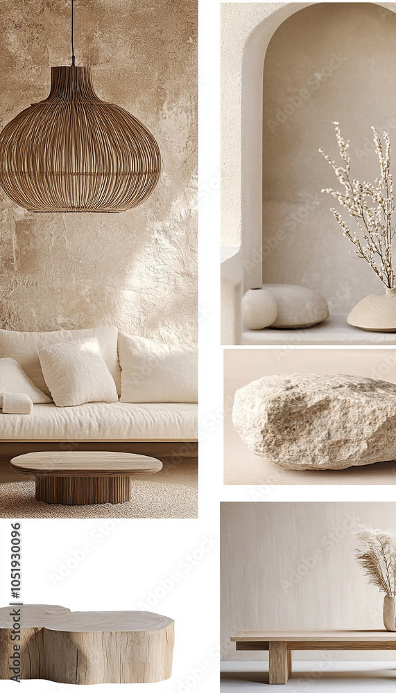 a mood board for earthy, minimalist spa reception interiors with a ...