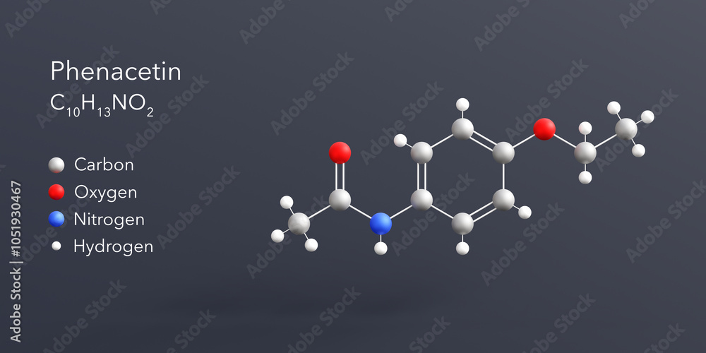 phenacetin molecule 3d rendering, flat molecular structure with ...