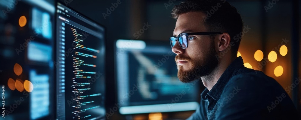 6 Fullstack developer working on cloud integration, coding in the background, modern software ...