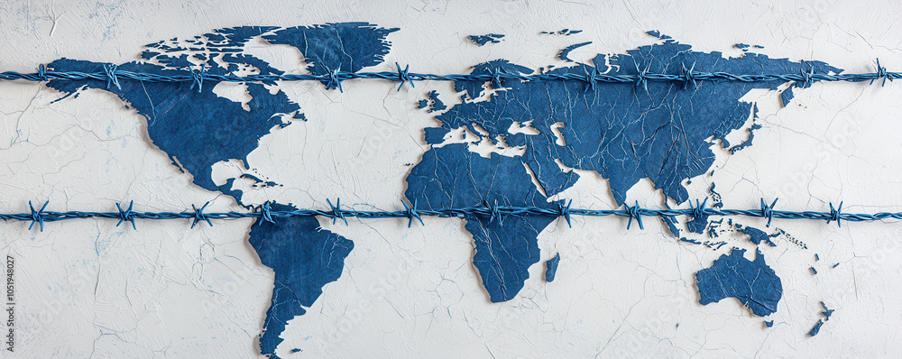 world map with blue continents and barbed wire symbolizes division and ...