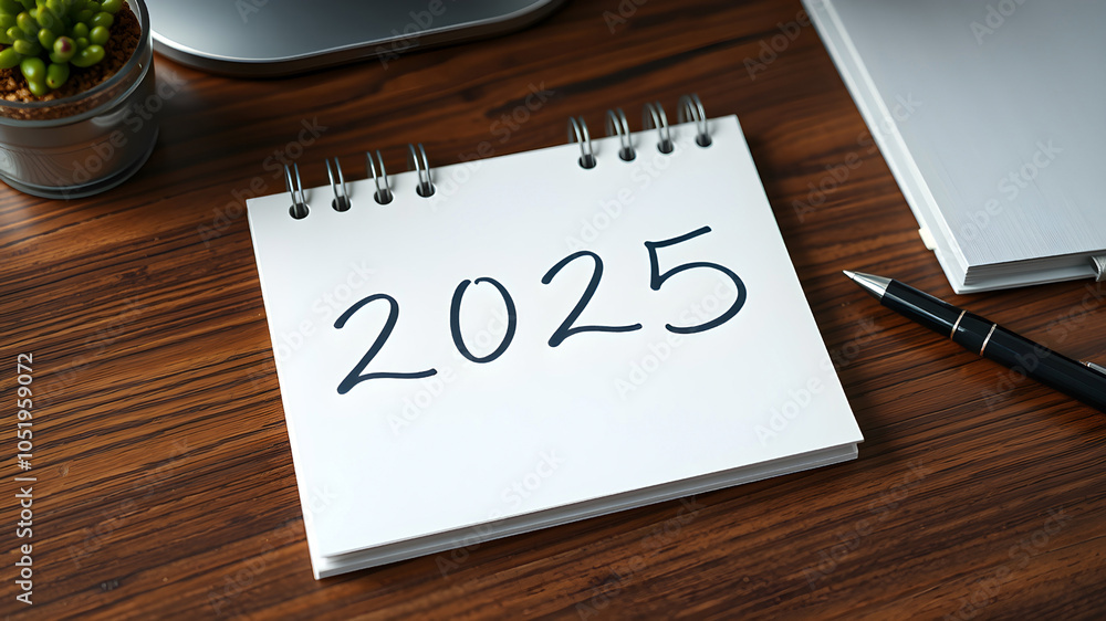Notepad with text 2025 on office desk. Notebook with message 2025 and ...
