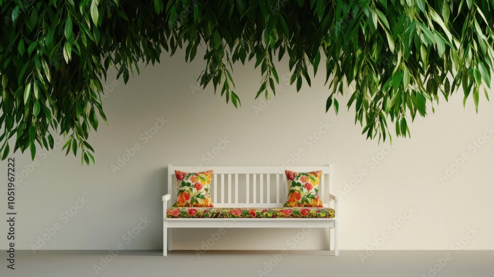 3D rendering of a white bench with floral cushions, placed under a ...