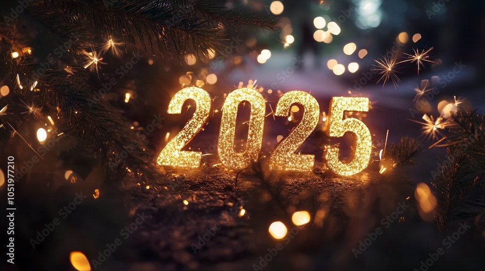 Golden numbers "2025" year on the background of fireworks and sparks ...
