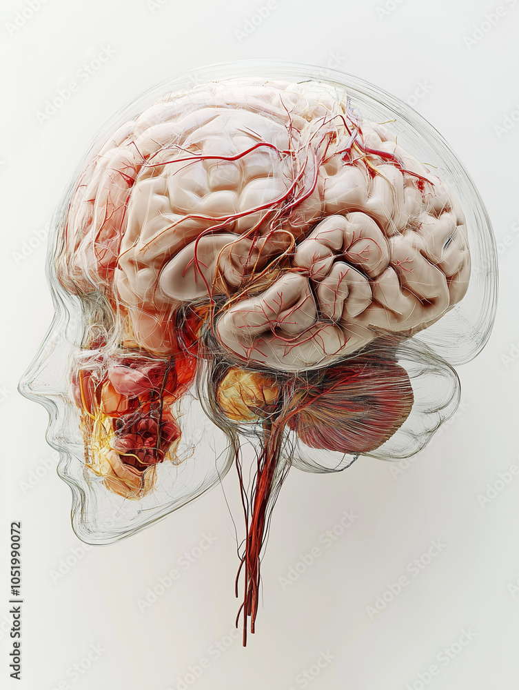 Detailed 3D depiction of the human brain, showing different regions and ...