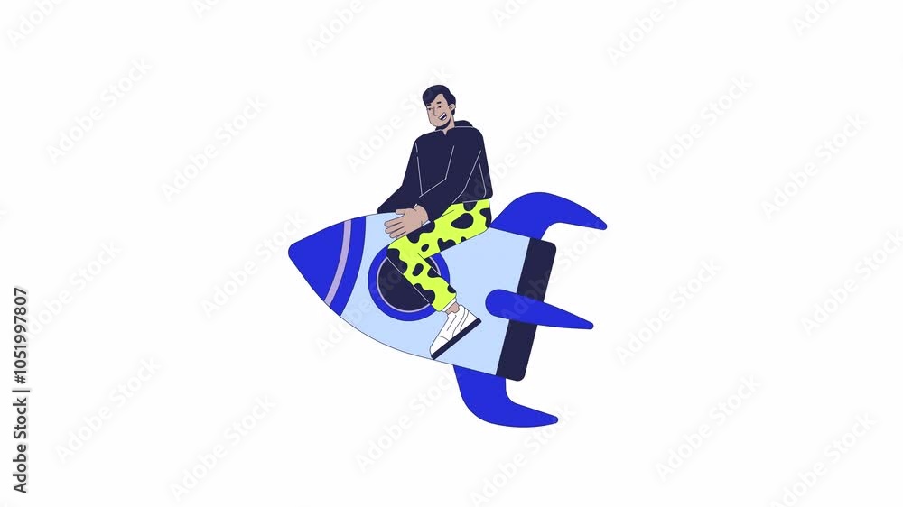 Happy indian man riding rocket 2D character animation. Startuper ...