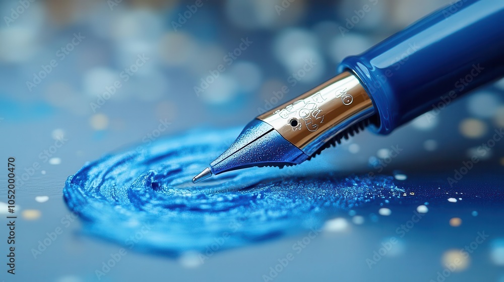 blue pen resting on an elegantly textured notepad, with ink flowing ...