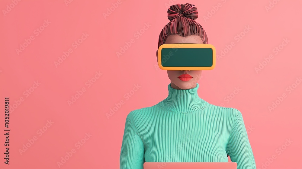 A woman wearing futuristic VR goggles poses against a pink background ...