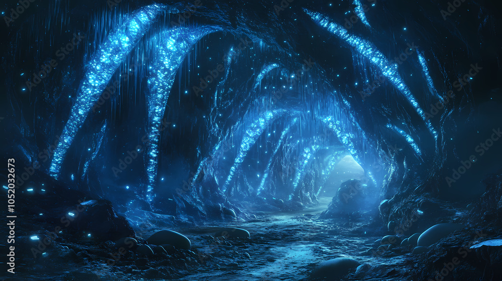 Subterranean alien colony, bioluminescent structures, wide cavern, soft ...