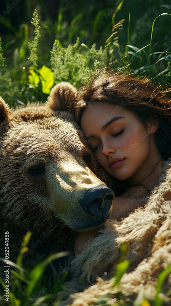 a bear and a young woman are lying in the grass. the girl and the bear ...
